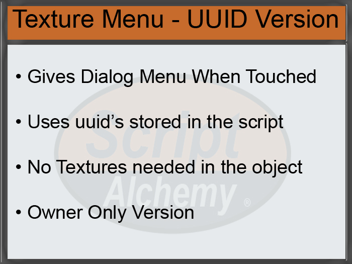 Second Life Marketplace - Script Alchemy - Texture UUID Changer menu ...